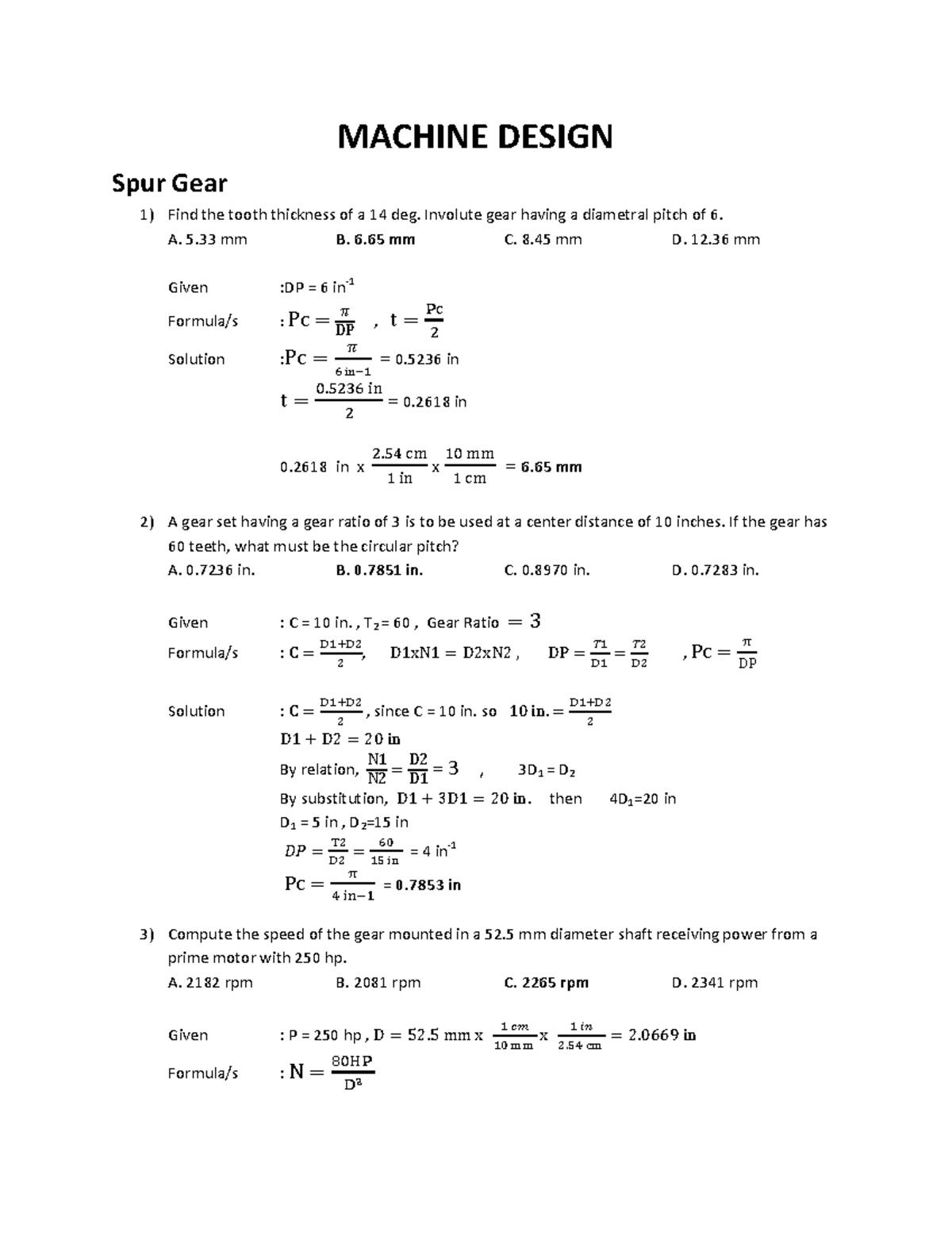 Machine Design Problems & Solutions - Gear, Belt, Brake, Chain - Studocu