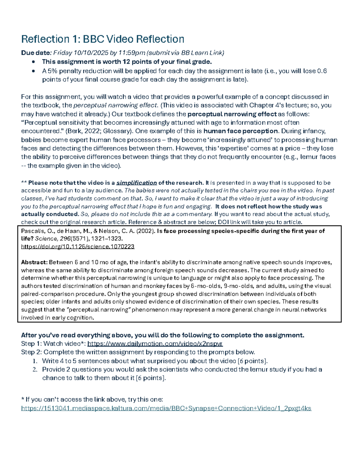 Reflection 1: BBC Video on Perceptual Narrowing Effect - Studocu