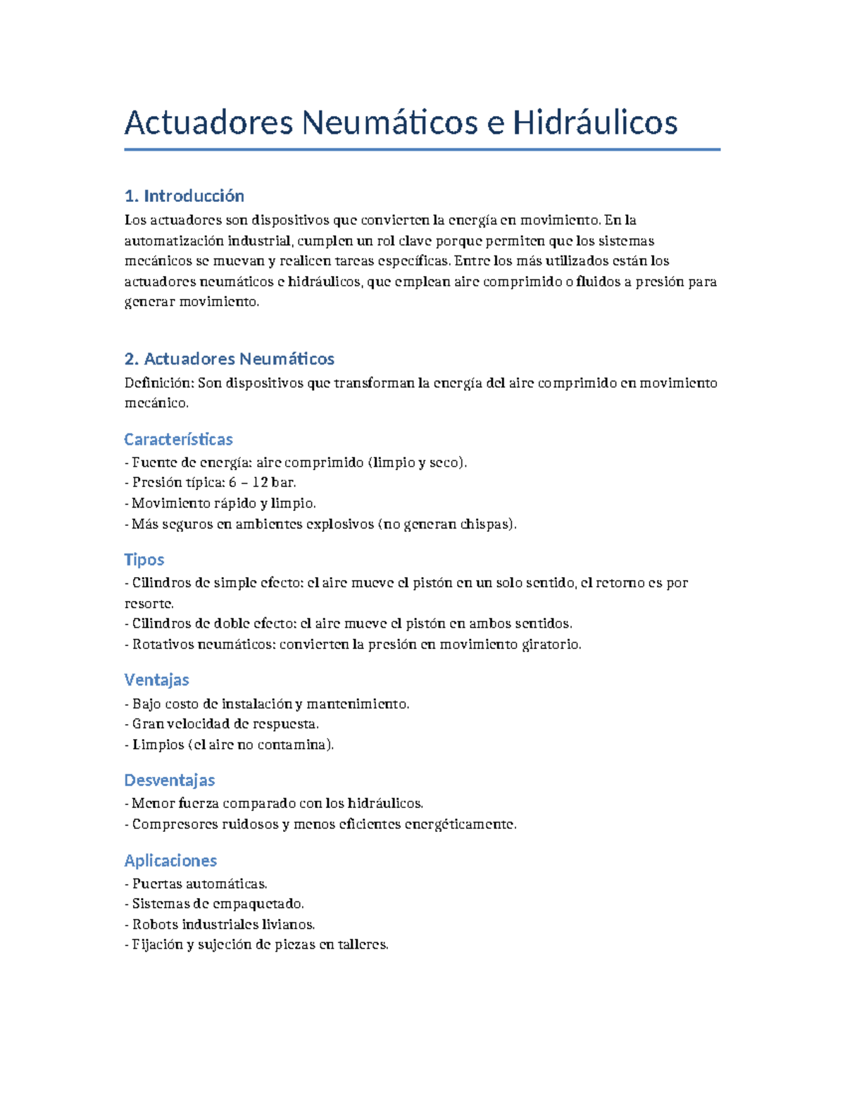 Actuadores Neumáticos e Hidráulicos: Comparativa y Aplicaciones - Studocu