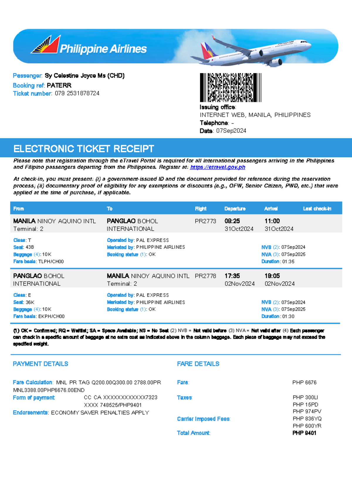 Electronic Ticket Receipt for Sy Celestine Joyce - PR2773 31OCT - Studocu