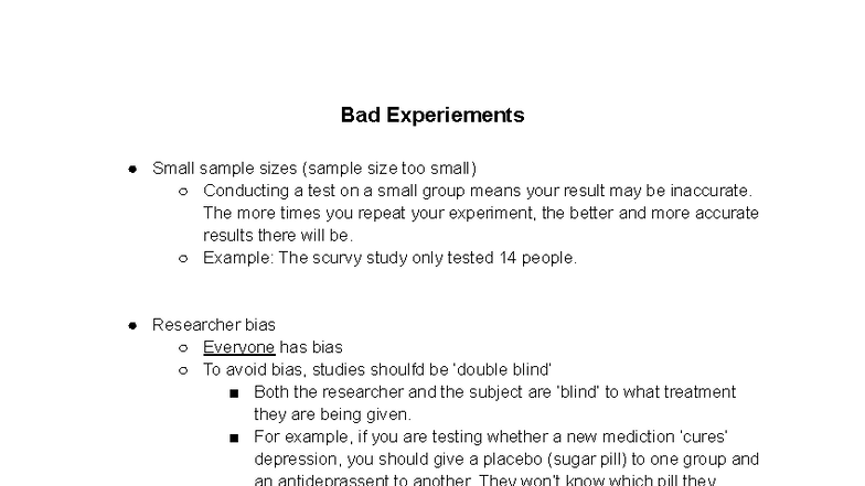 Bad Experiments Note - Bad Experiements Small sample sizes (sample size ...