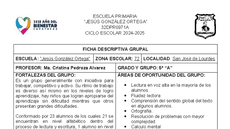Ficha Descriptiva Grupal 32DPR0971A - Ciclo Escolar 2024-2025 - Studocu