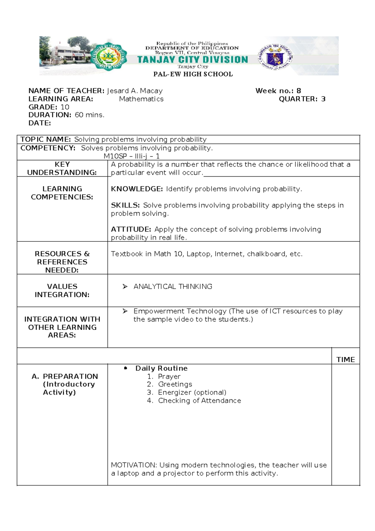 Lesson PLAN Math 10: Probability Problem Solving Strategies - Studocu