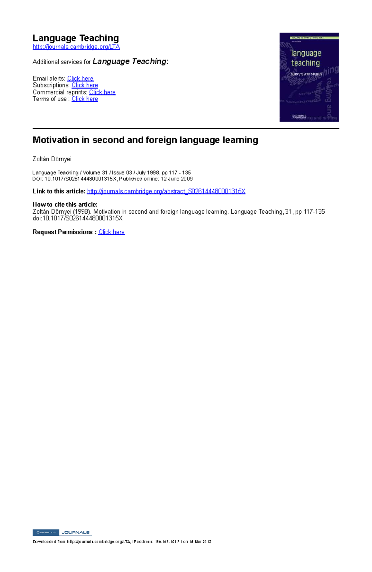 Motivation in Second Language Learning: Insights from Dornyei's ...