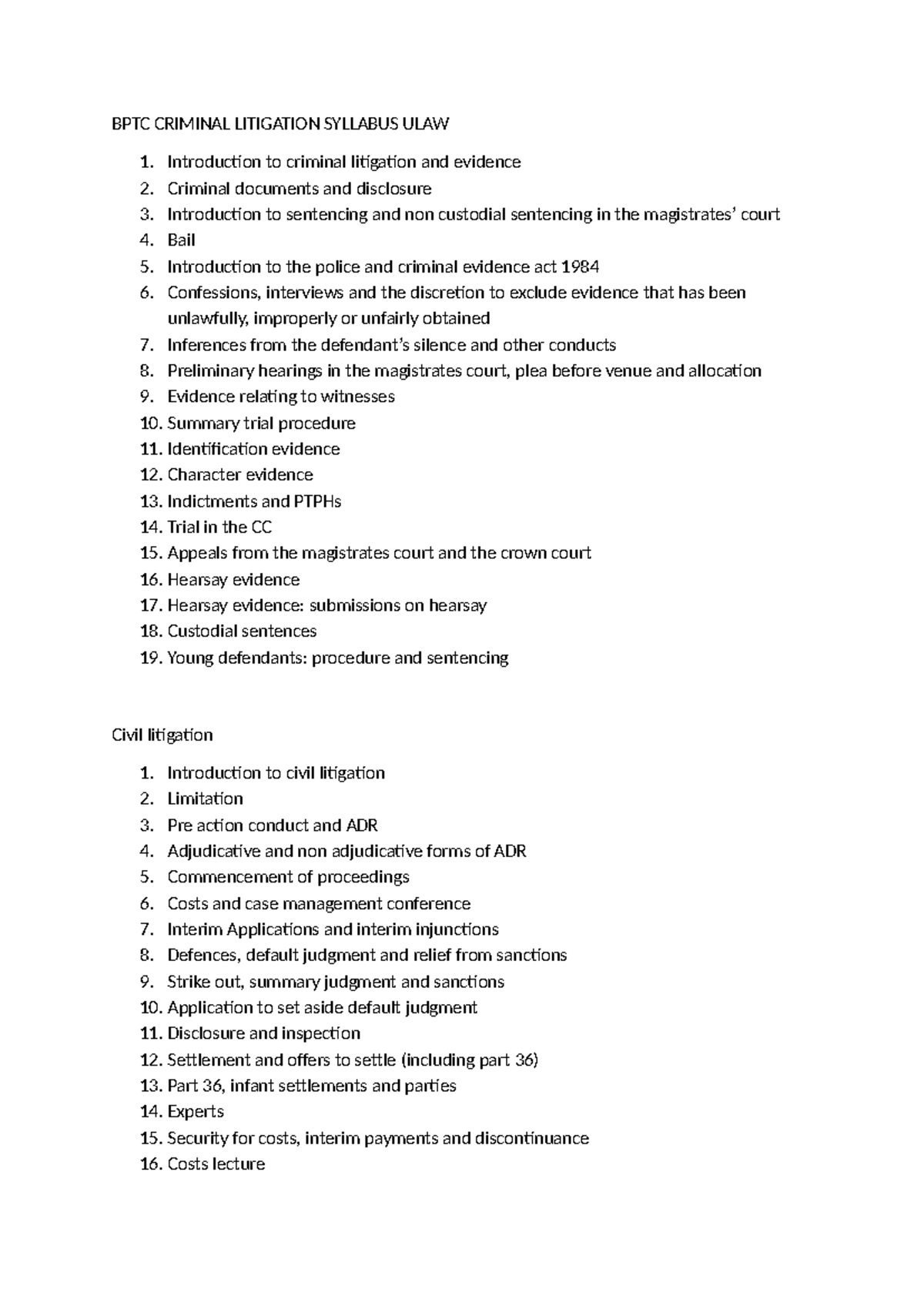 BPTC ULAW Criminal & Civil Litigation Syllabus Overview - Studocu
