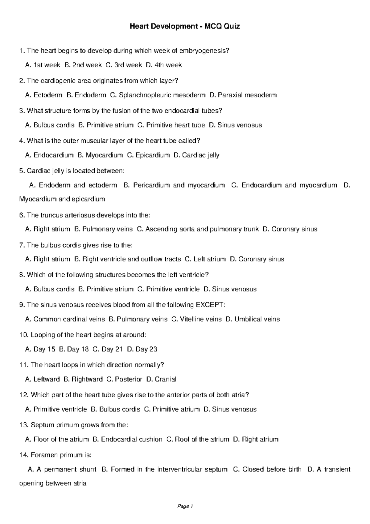 Heart Development MCQ Quiz 1: Key Concepts and Questions - Studocu