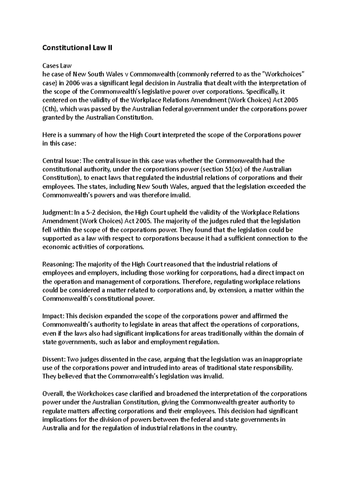 Constitutional Law II - Case Summary of NSW v Commonwealth (Workchoices ...