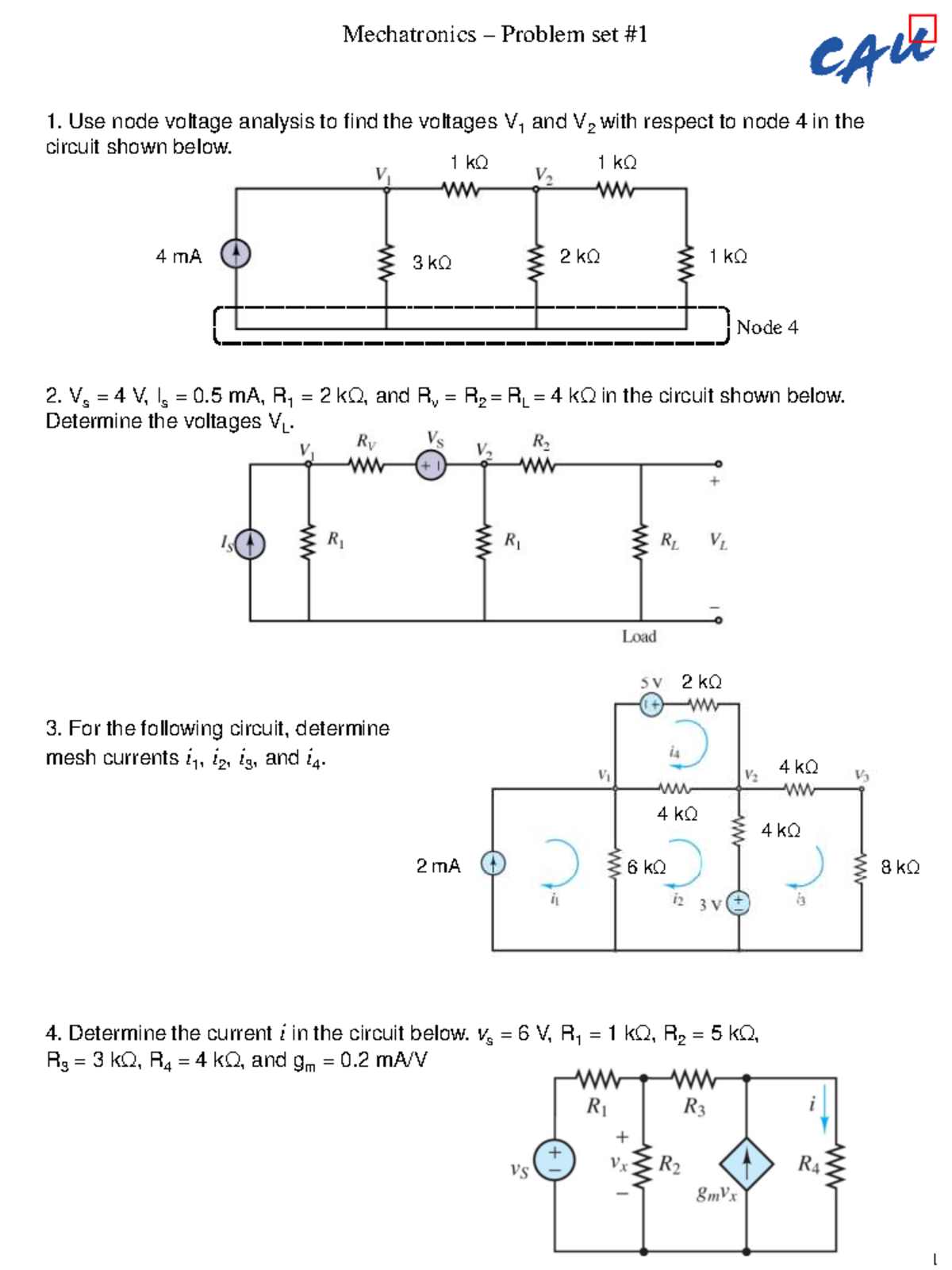 Mechatronics Problem Set 1: Node Voltage Analysis and Mesh Currents ...