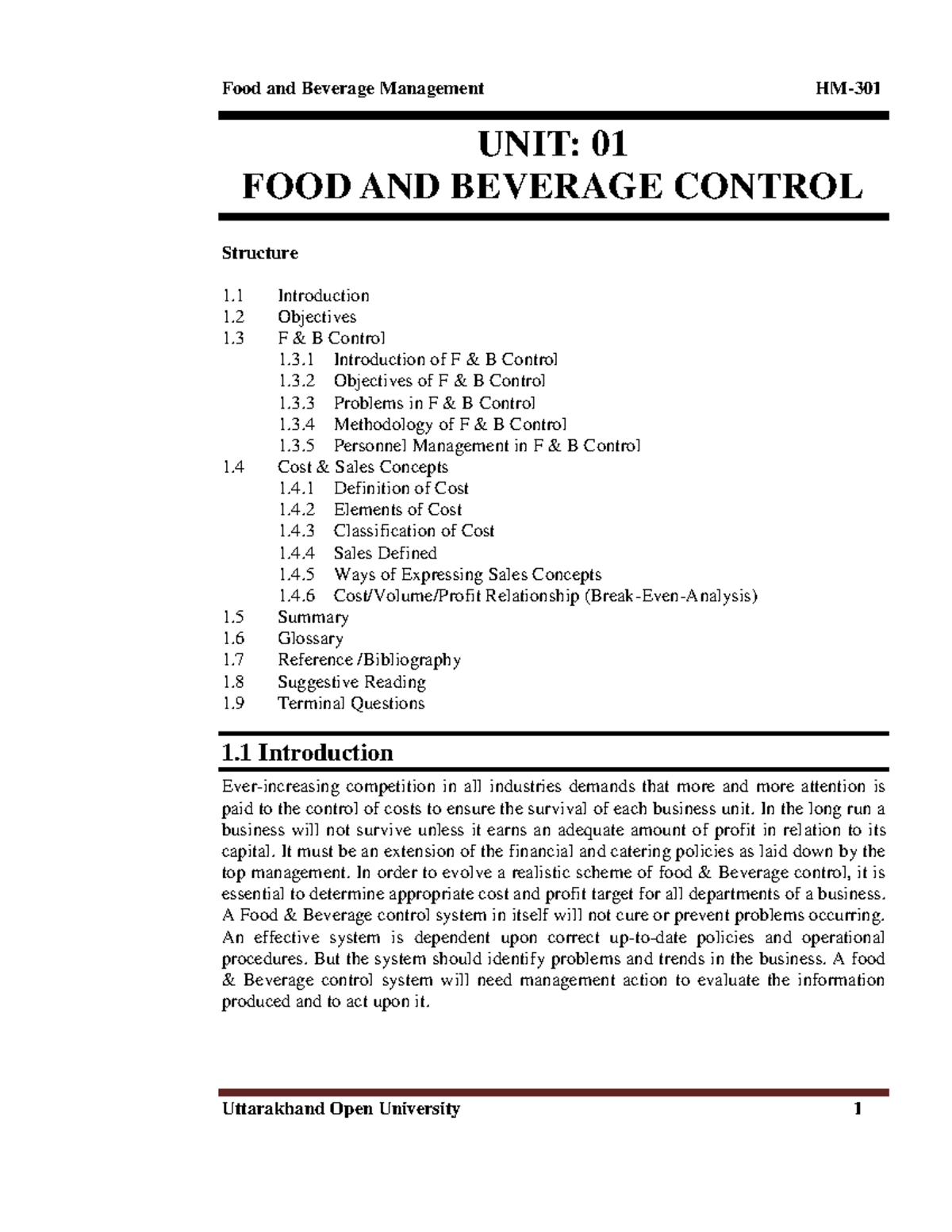 FOOD Contol Notes 222 - UNIT: 01 FOOD AND BEVERAGE CONTROL Structure 1 ...