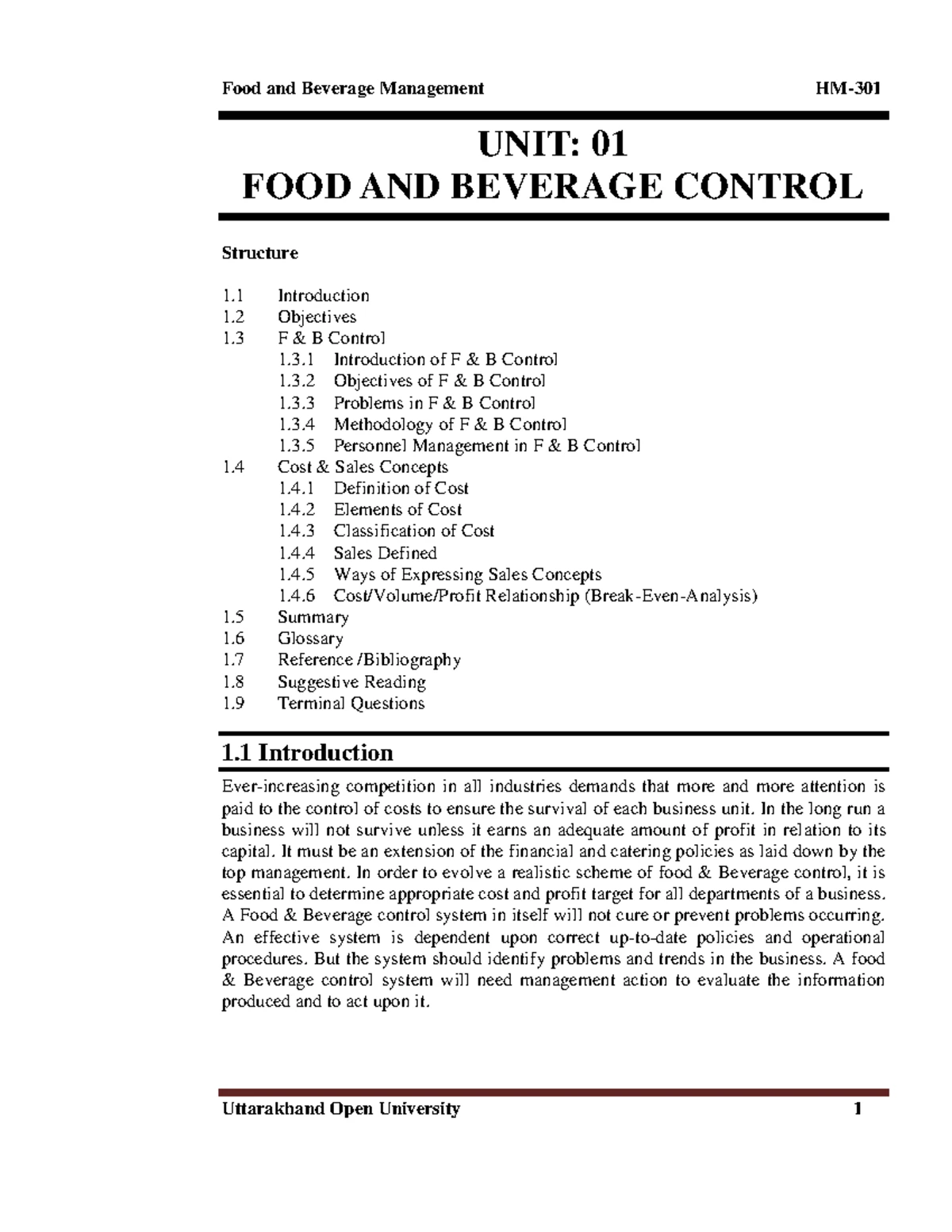 FOOD Contol Notes 222 - UNIT: 01 FOOD AND BEVERAGE CONTROL Structure 1 ...