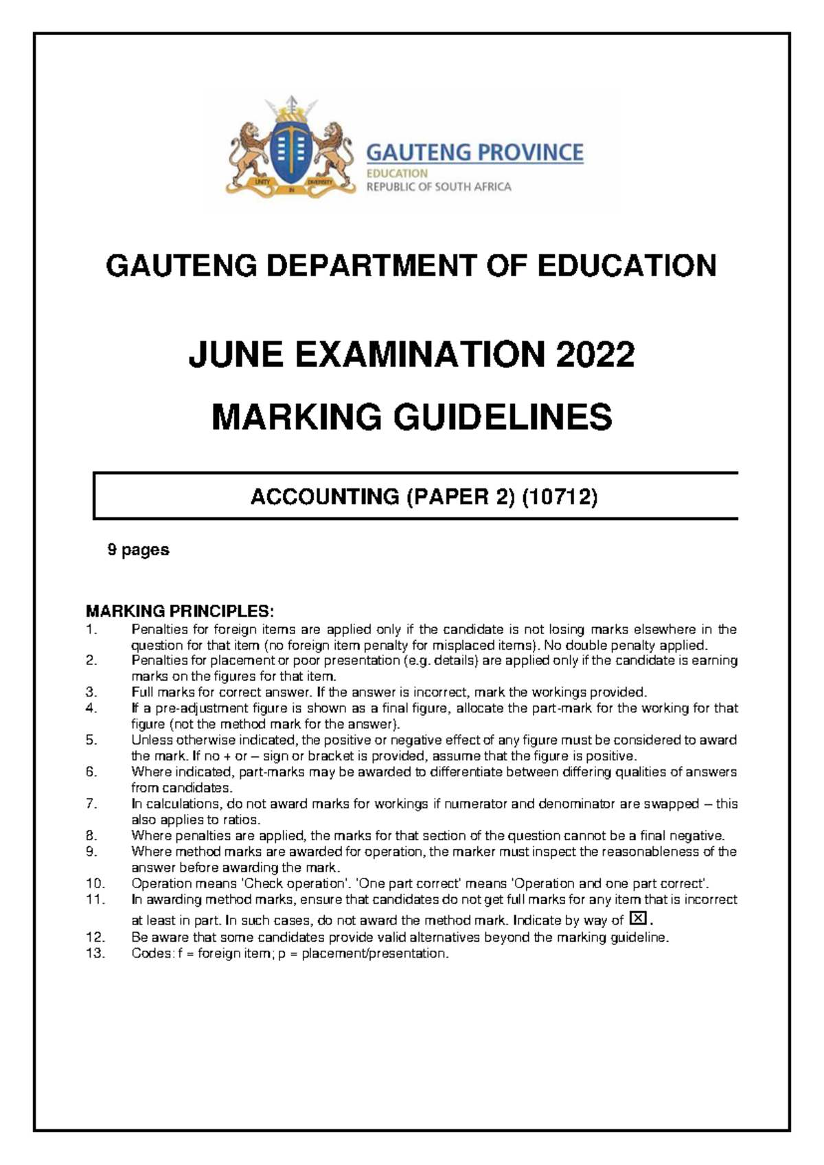 Final Exam Marking Guidelines for GP Accounting P2 REW299 - Studocu