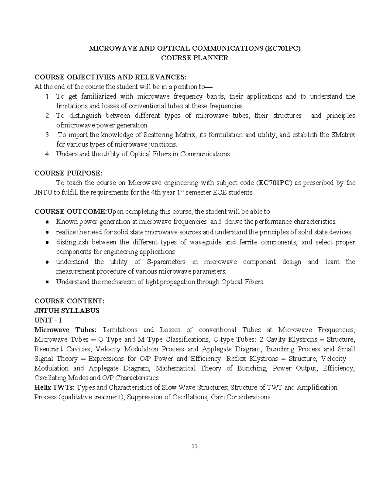 Microwave & Optical Communications Overview (EC701PC) Course Planner - Studocu