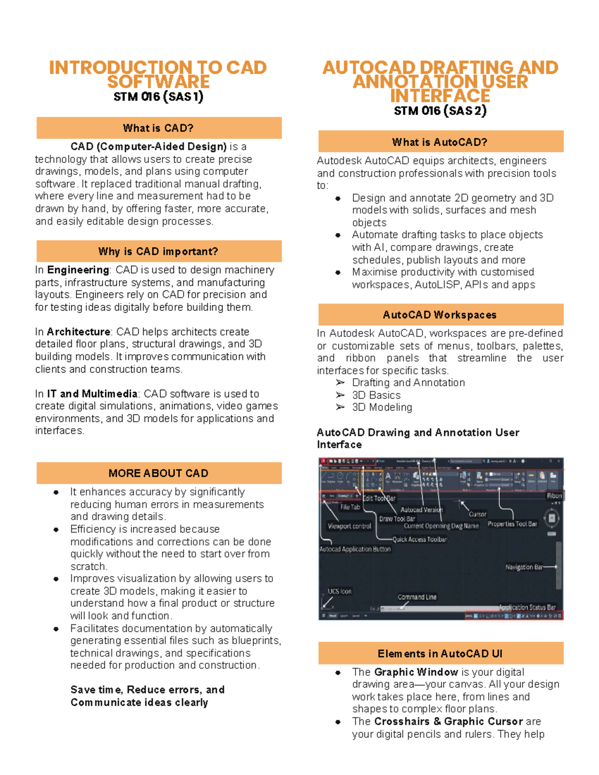 STM 016 Notes: Introduction to CAD Software and AutoCAD Basics - Studocu