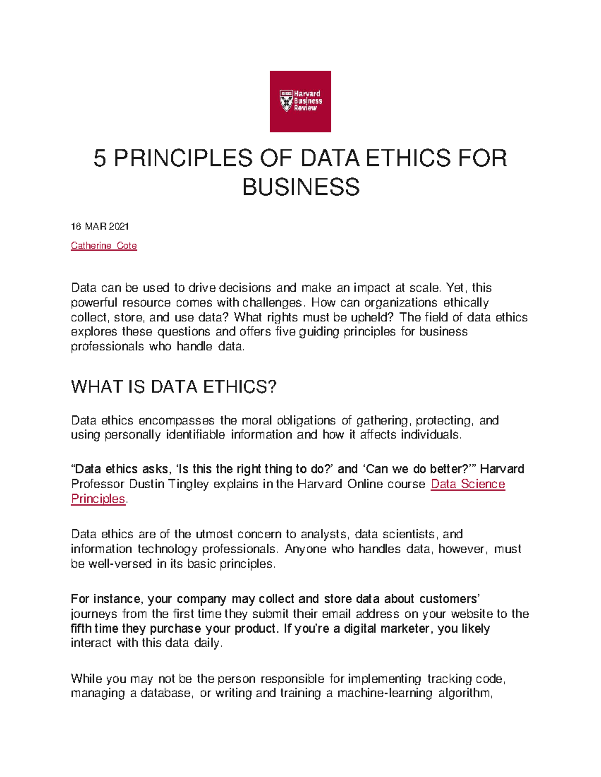 5 Key Principles of Data Ethics for Business Prof. (2021) - Studocu