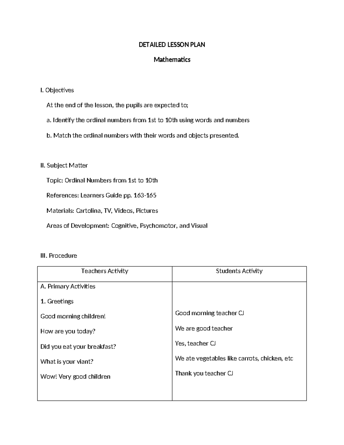 Detailed Lesson Plan on Ordinal Numbers (1st to 10th) - Math - Studocu