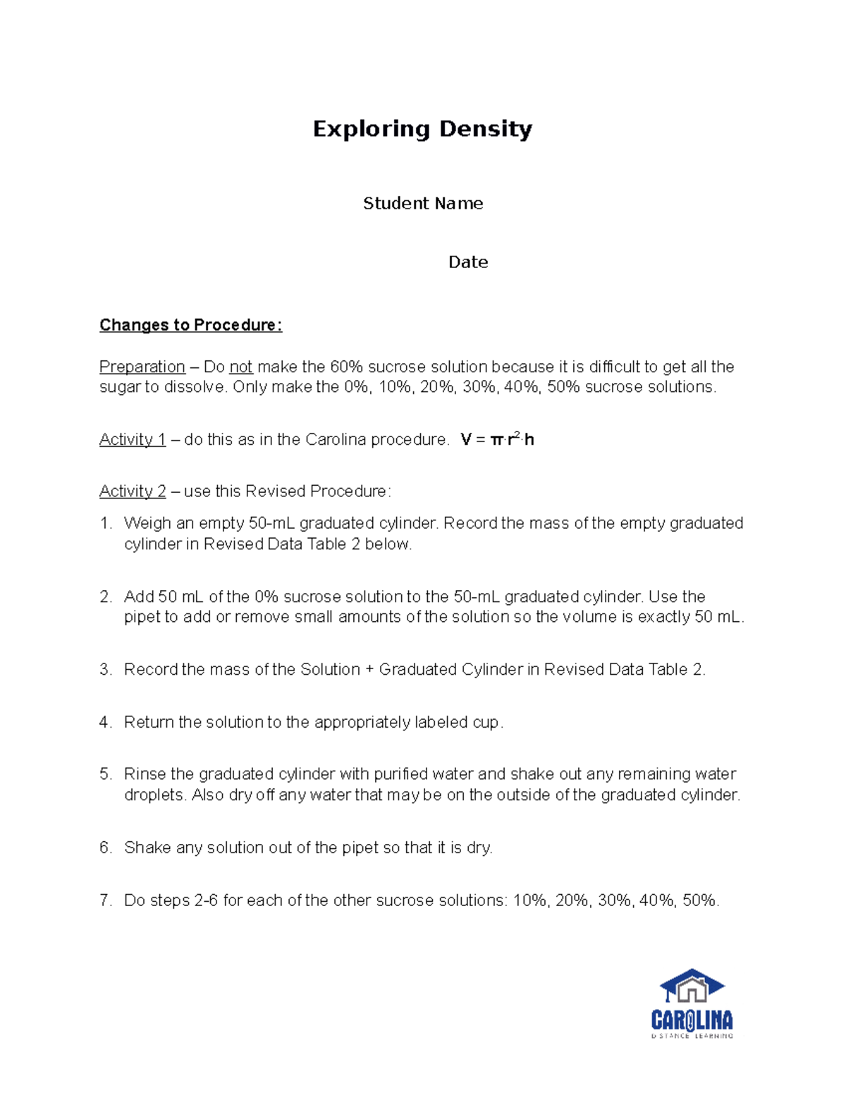 Exploring Density Chem Lab - Exploring Density Student Name Date Changes to Procedure ...