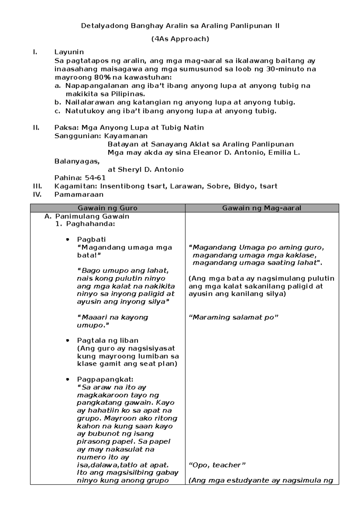 Aralin sa Araling Panlipunan II: Anyong Lupa at Tubig Lesson Plan - Studocu