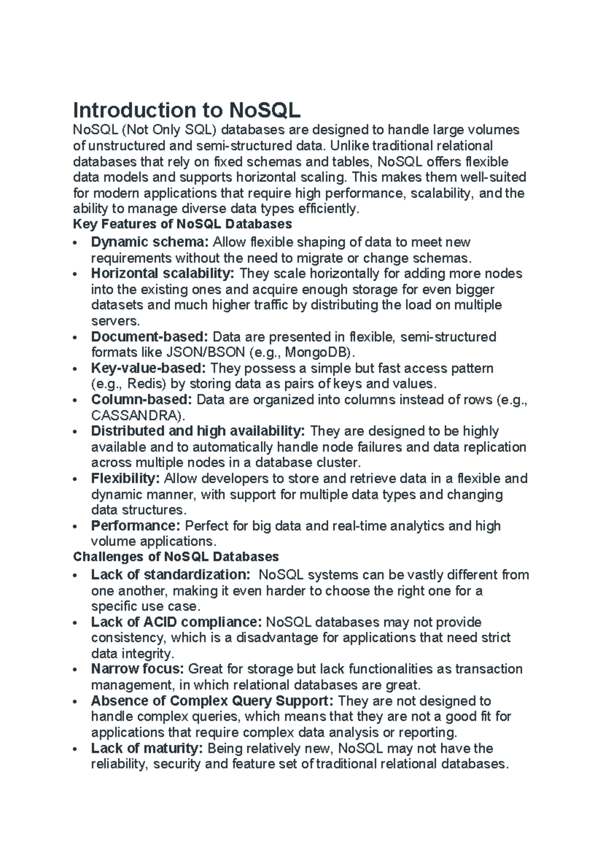 Introduction to NoSQL Databases: Features, Challenges, and Use Cases - Studocu