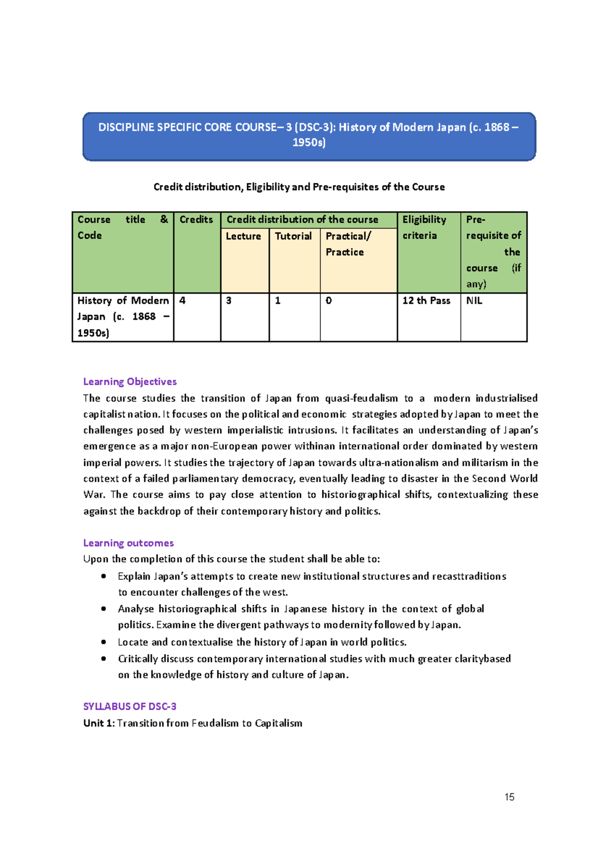 Modern Japan Syllabus (HIST 4): From Feudalism to Capitalism - Studocu