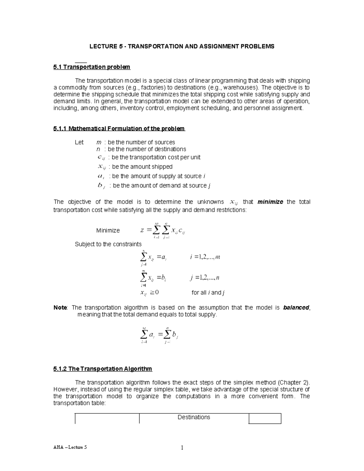 Lecture 5 - LECTURE 5 - TRANSPORTATION AND ASSIGNMENT PROBLEMS 5 ...