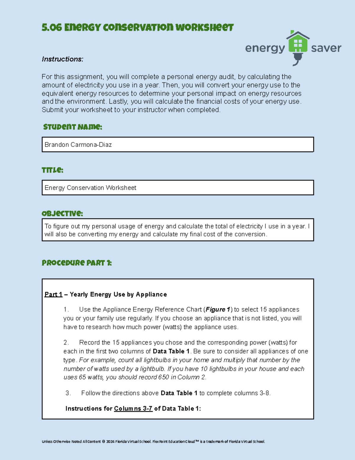 APES 5.06 Energy Conservation Worksheet: Personal Energy Audit & Costs ...