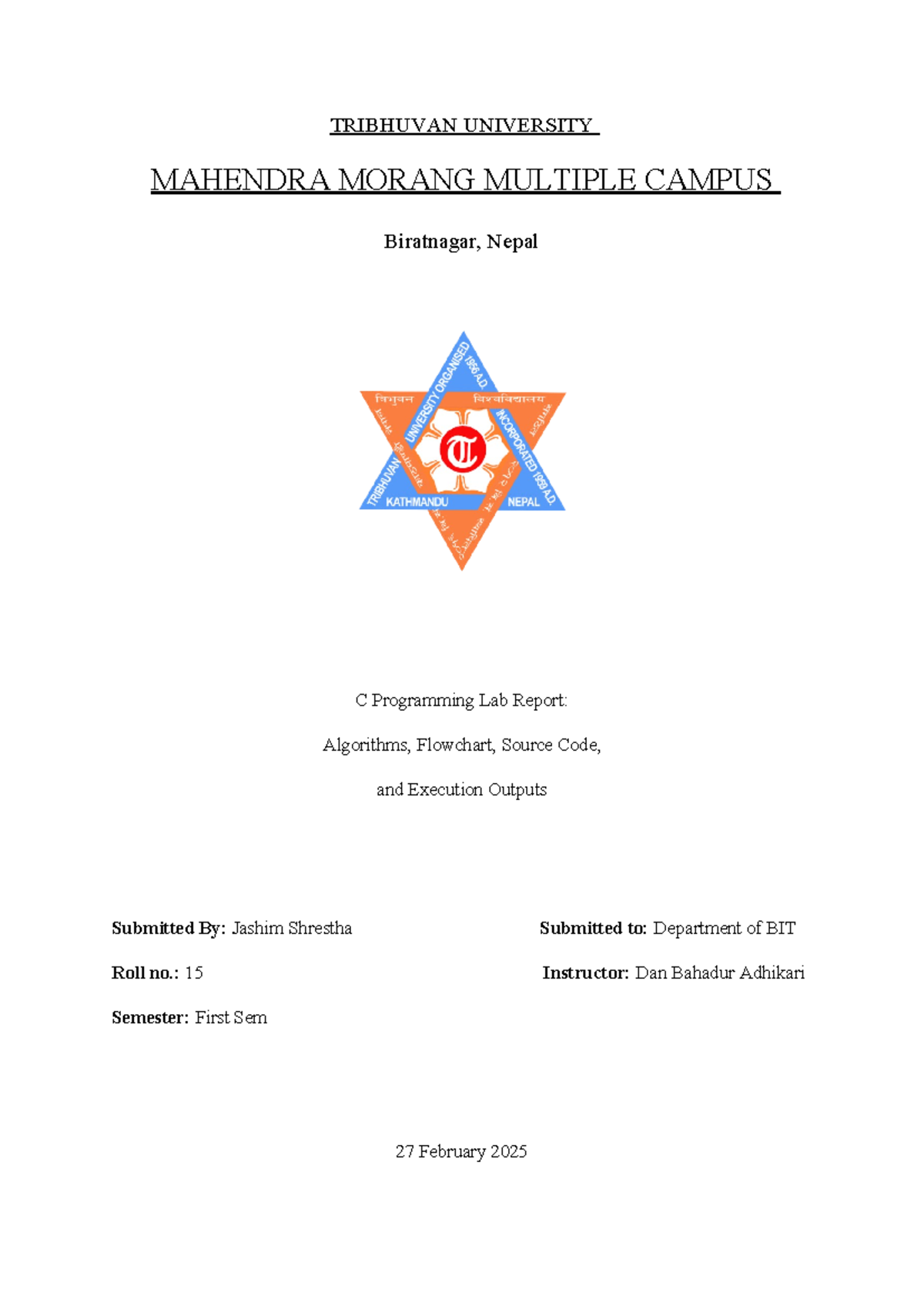 C Programming Lab Report: Algorithms, Flowcharts, and Code (BIT 1st Sem ...