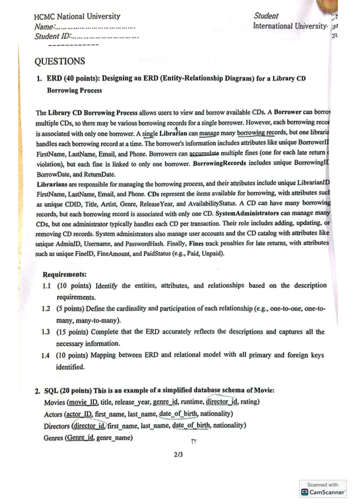 PDM Midterm 2024-2025: ERD for Library CD Borrowing Process - Studocu