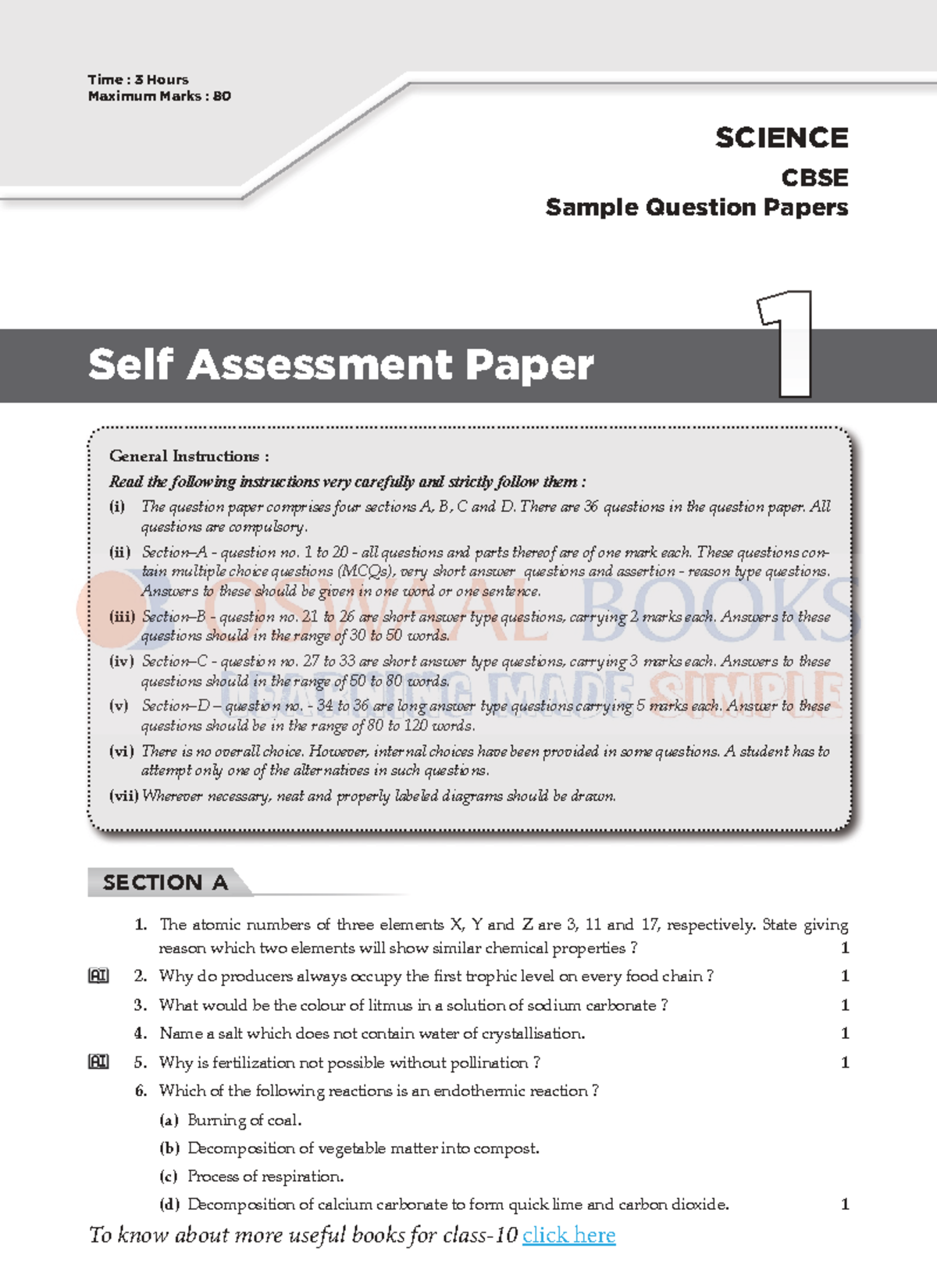 CBSE Sample Question Paper for Science - Self Assessment Paper 1 - Studocu