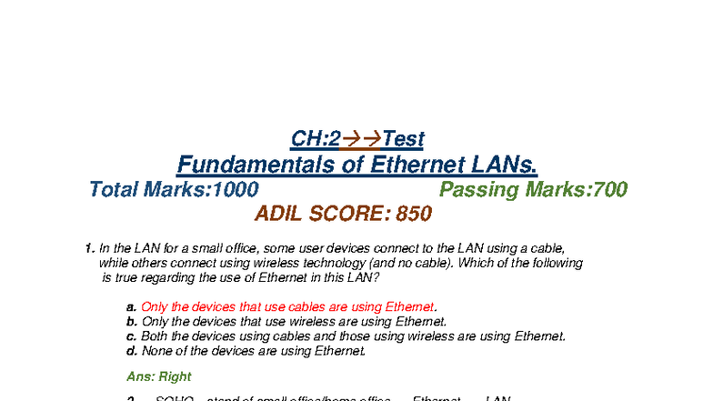 Adil's Scores in Chapter 2 for CCNA 200-301 Exam - Studocu