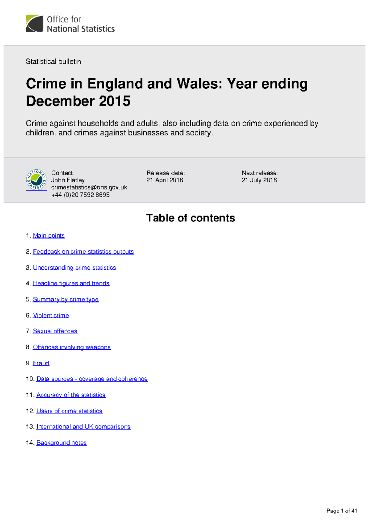 Crime in England and Wales Year ending December 2015 - Next release: 21 ...