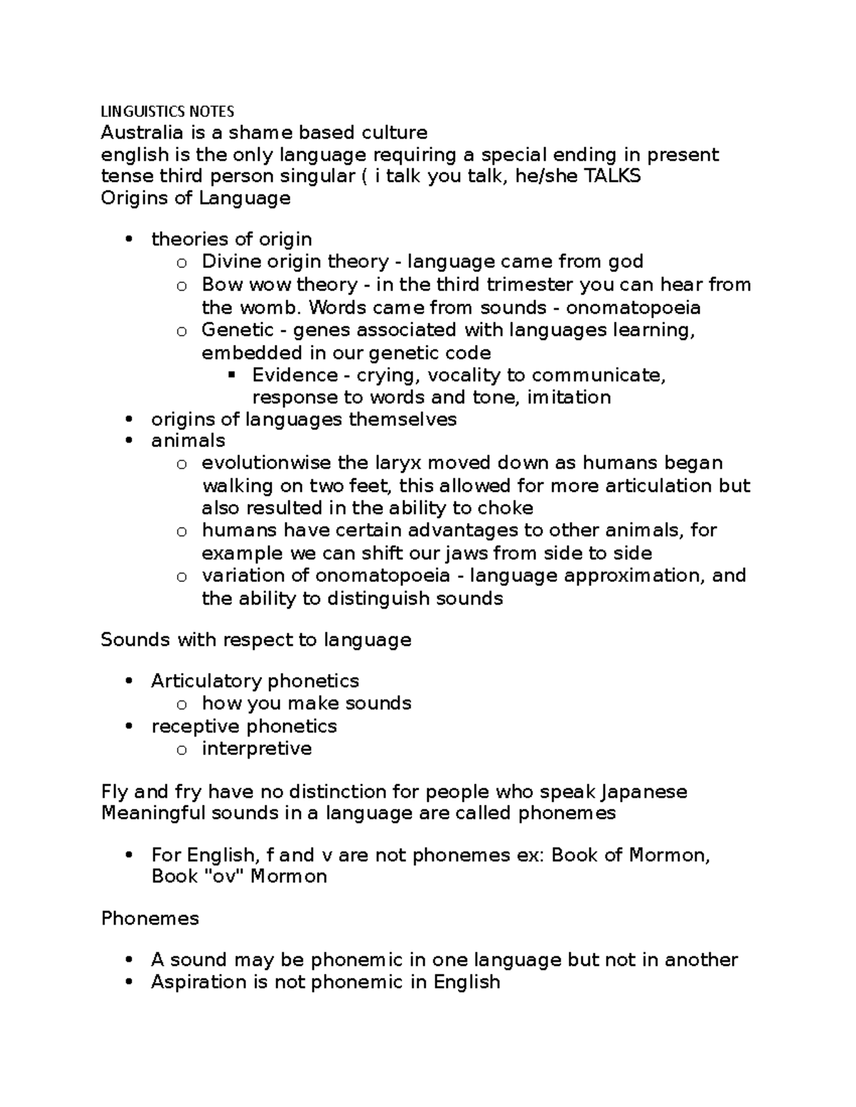 LING 101 - Linguistics Notes on Language Origins and Phonetics - Studocu