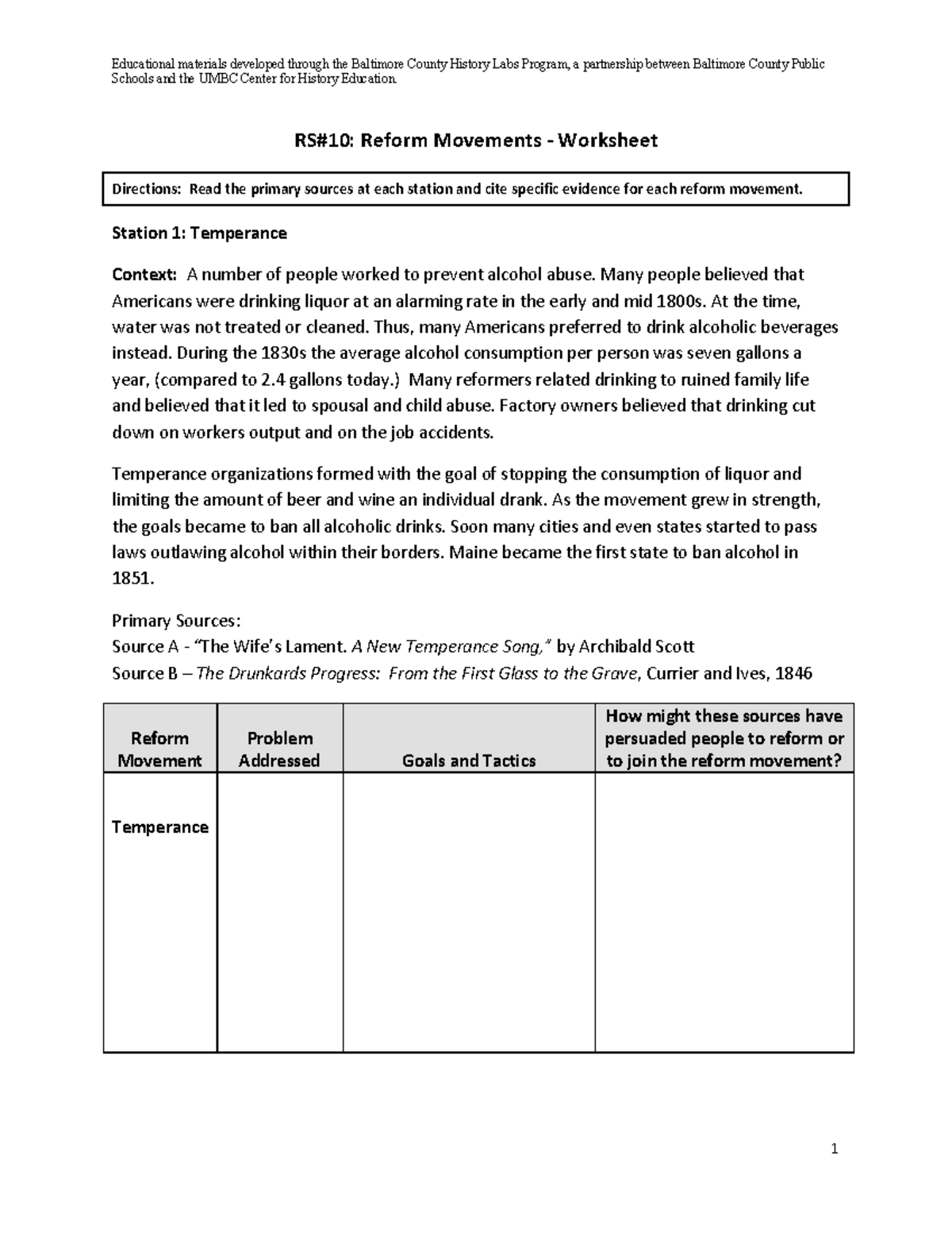 Reform Movements Worksheet - Schools and the UMBC Center for History ...