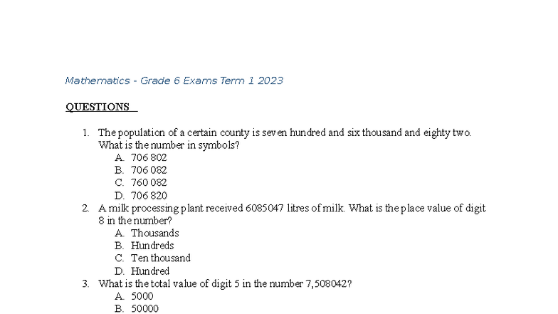 Mathematics Grade 6 Term 1 Exam Questions 2023 - Studocu