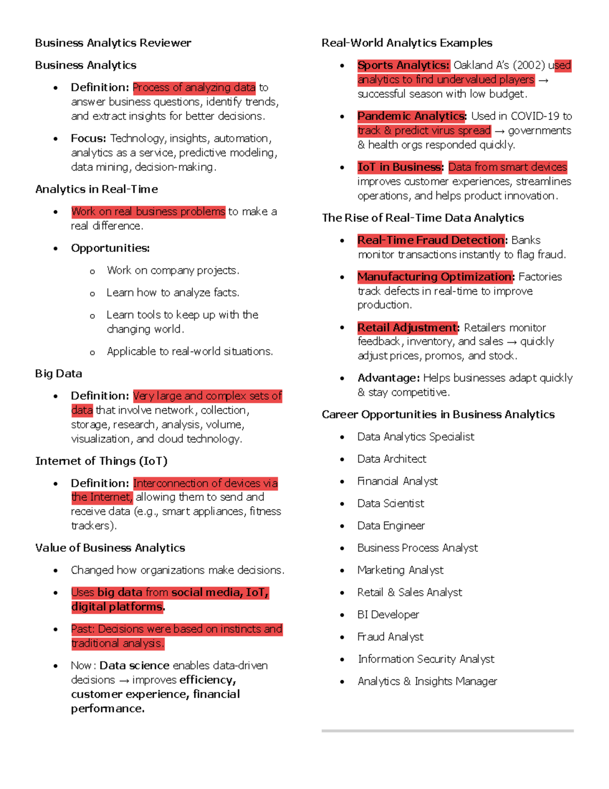 Business Analytics Reviewer: Key Concepts and Applications - Studocu