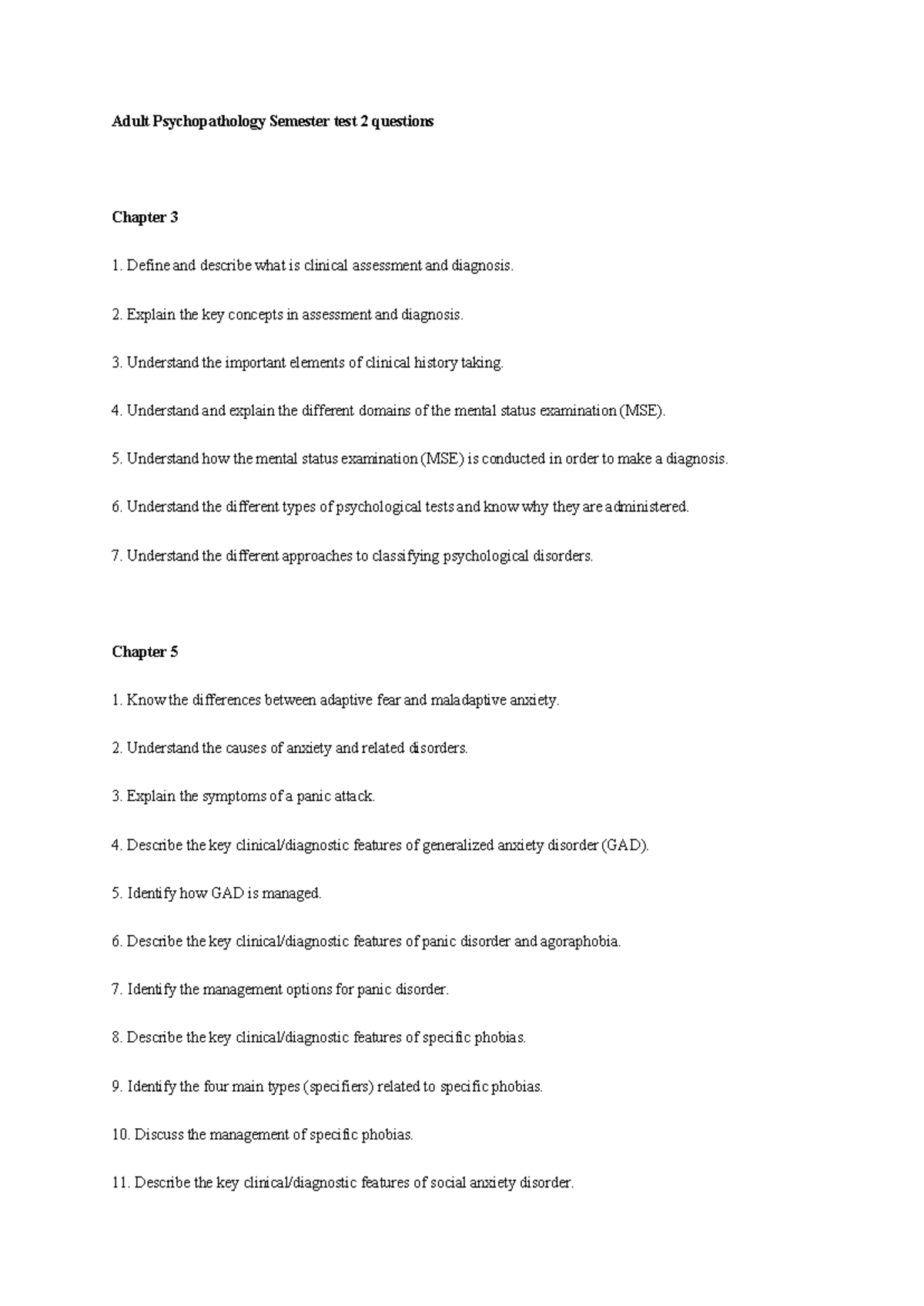 Adult Psychopathology PSY 301 Semester Test 2 Questions and Key ...