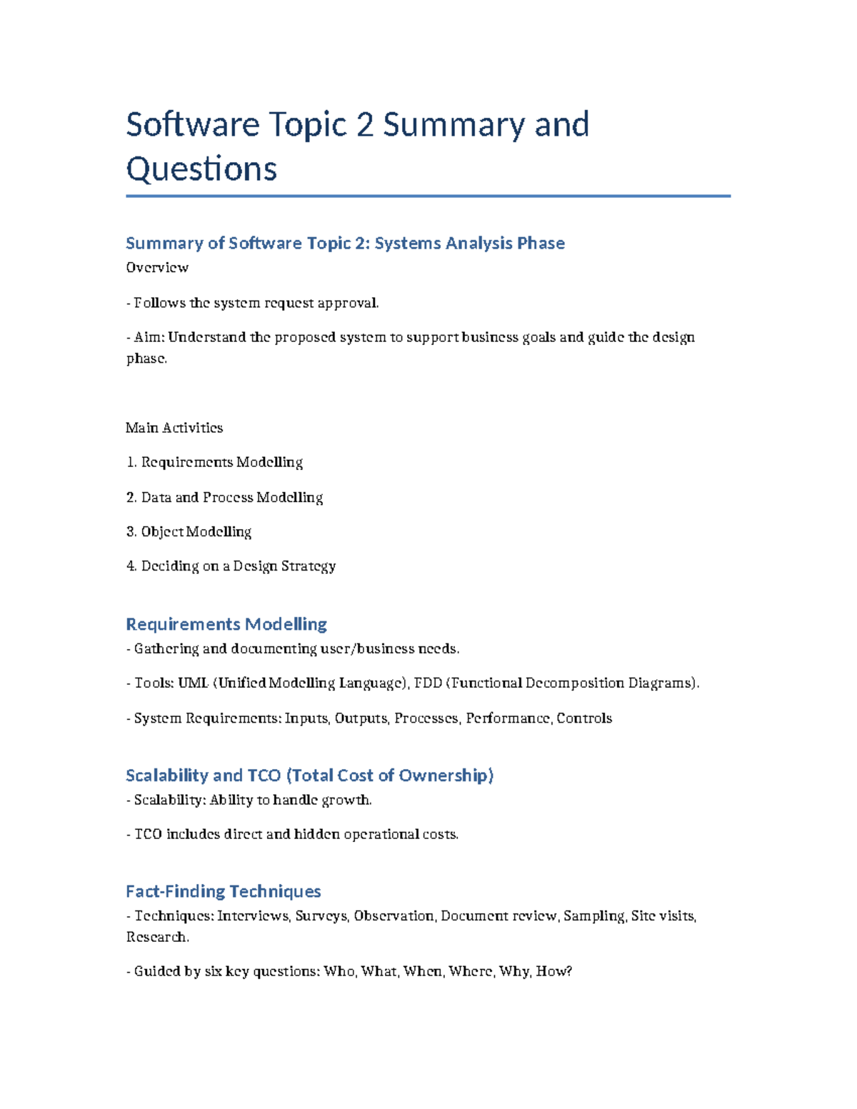 Software Topic 2: Systems Analysis Phase Summary & Key Questions - Studocu