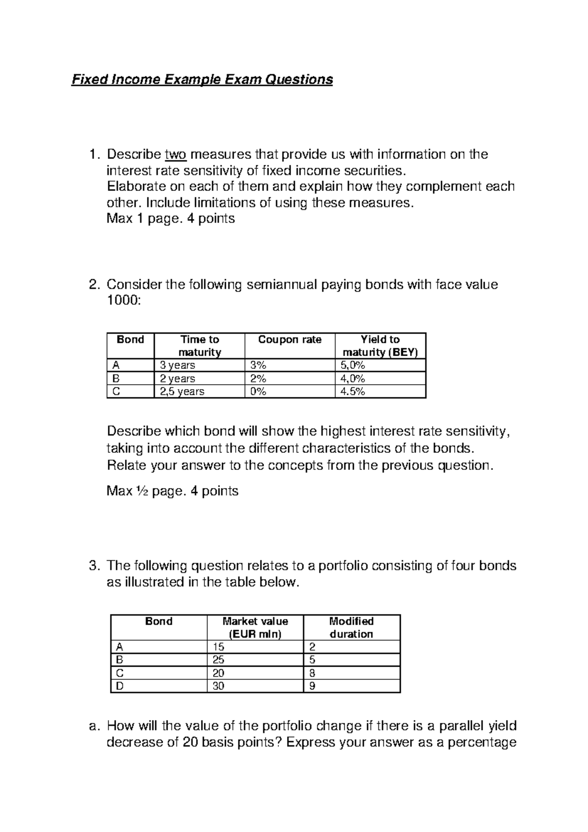 Fixed Income Exam Questions for Course FIN-301: Example Assessment ...