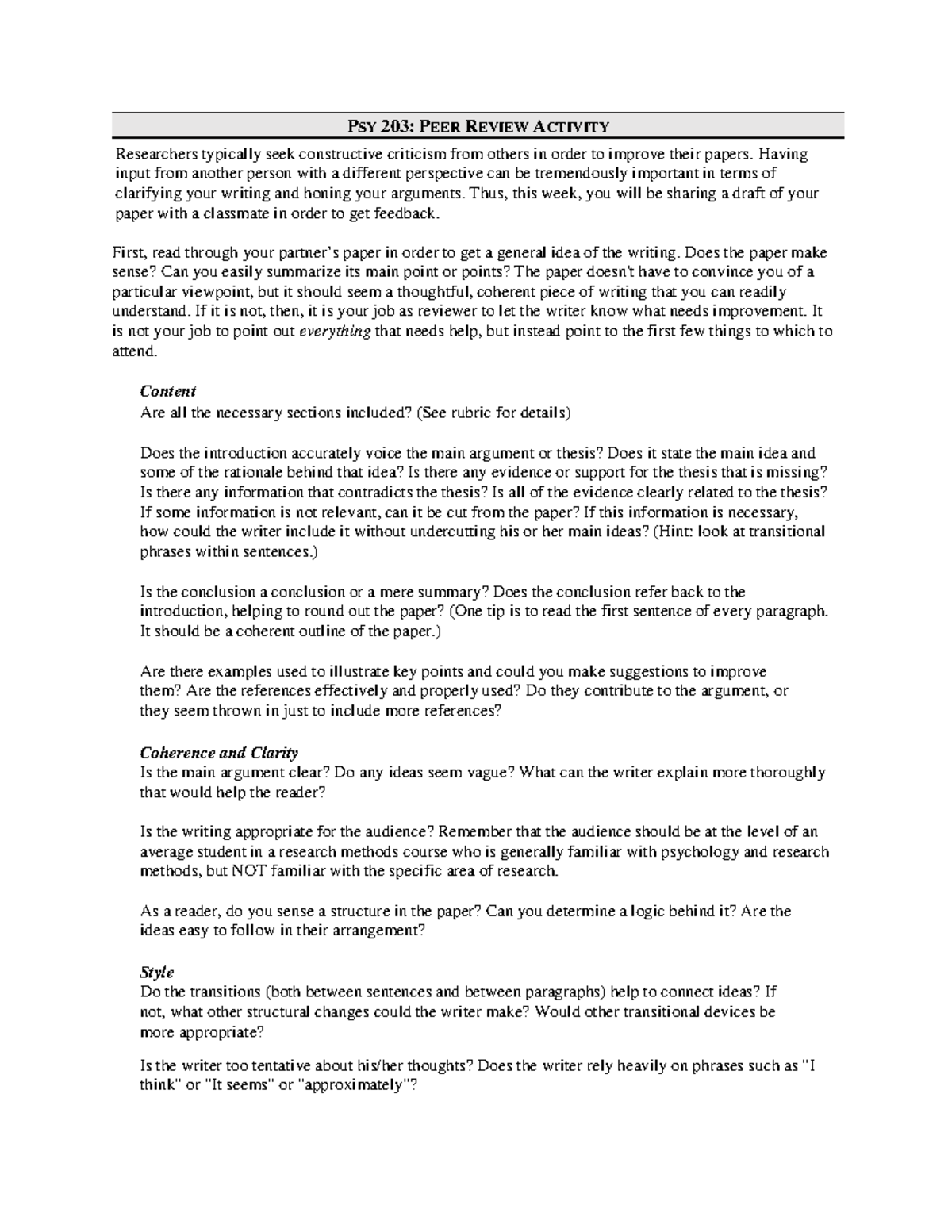 PSY 203: Peer Review Activity Guidelines and Tips - Studocu