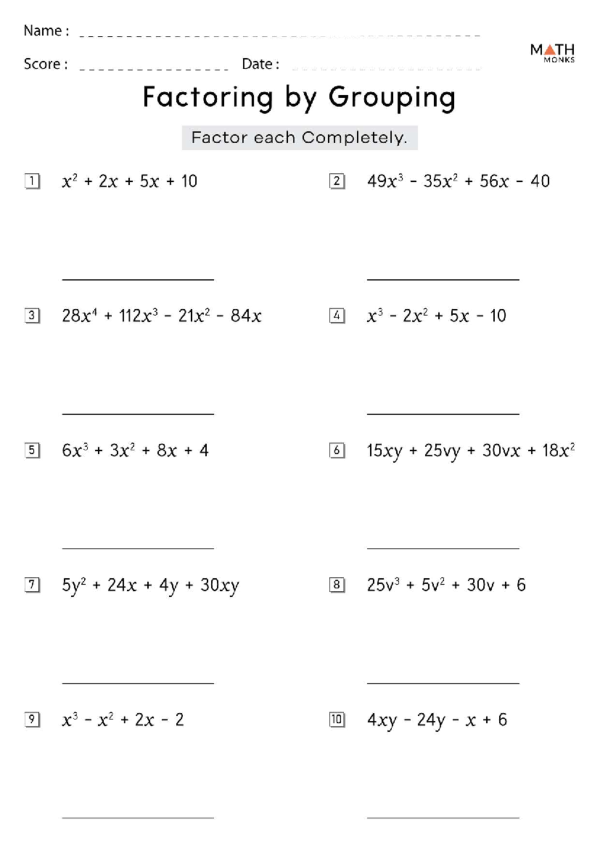 Factoring by Grouping Worksheet+Student+ - Name: MATH Score: Date ...