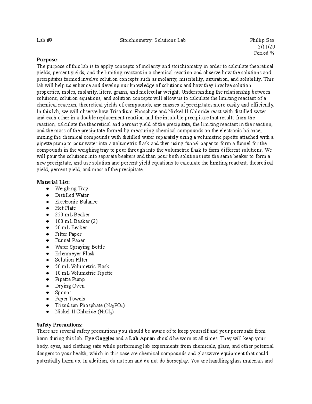 Chemistry Lab Report: Stoichiometry of Solutions (Lab #9) - Studocu