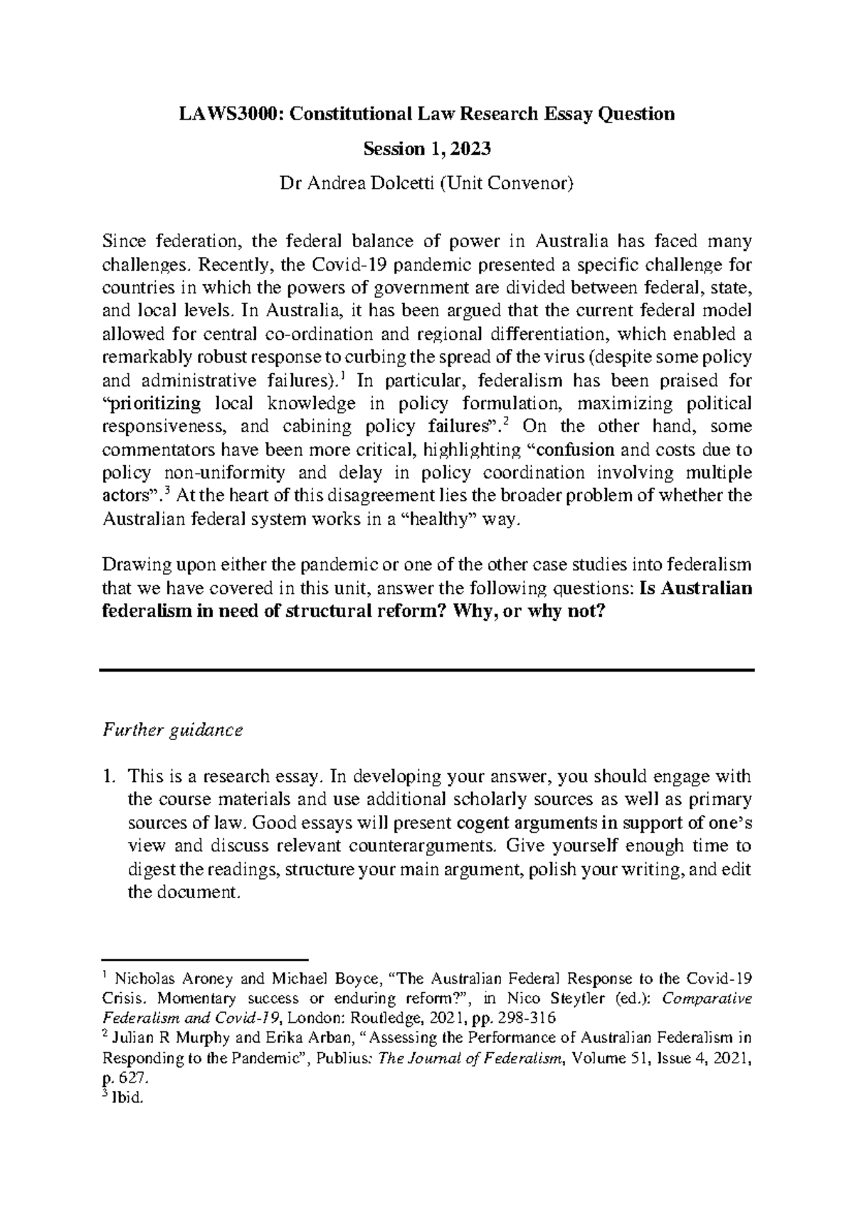 LAWS3000 Constitutional Law Research Essay: Federalism Challenges 2023 ...