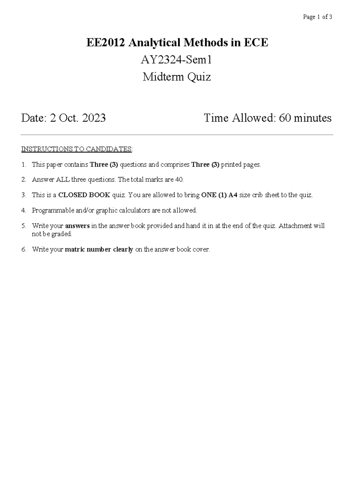 EE2012 Analytical Methods in ECE Midterm Quiz - 2 Oct. 2023 - Studocu