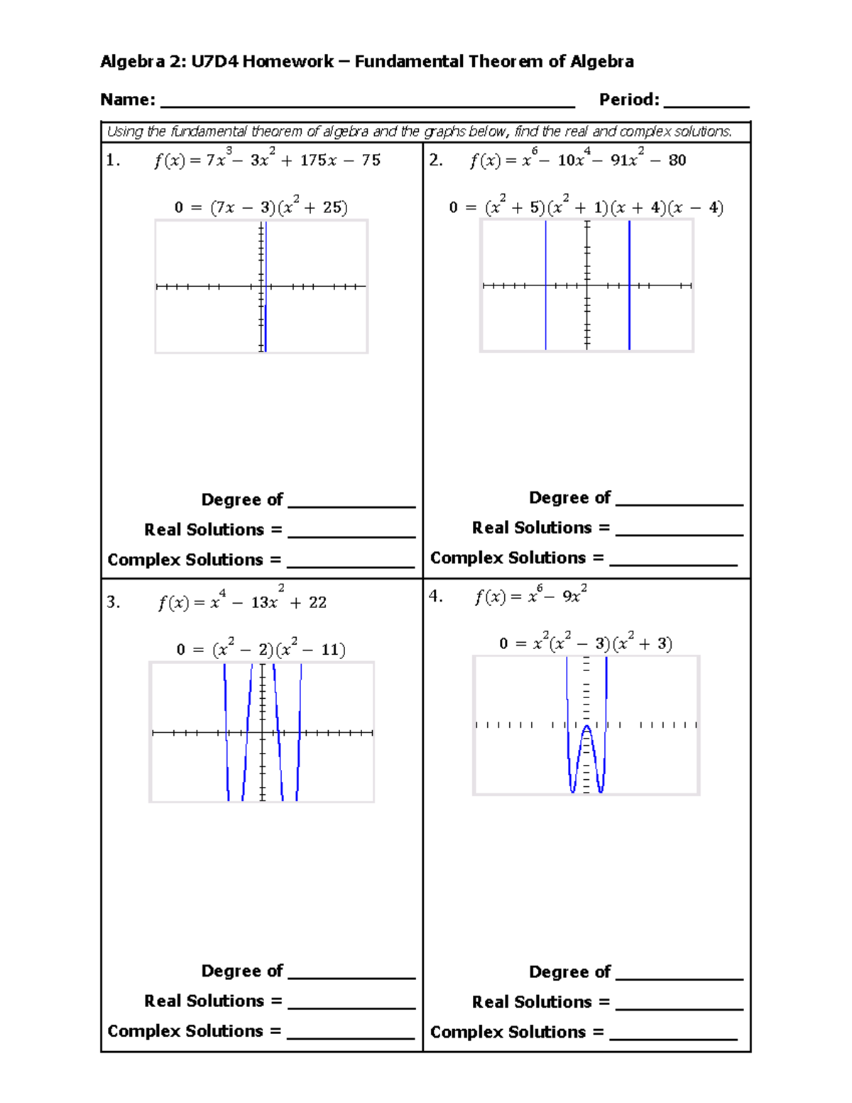 Algebra 2 U7D4 Homework: Fundamental Theorem of Algebra Solutions - Studocu