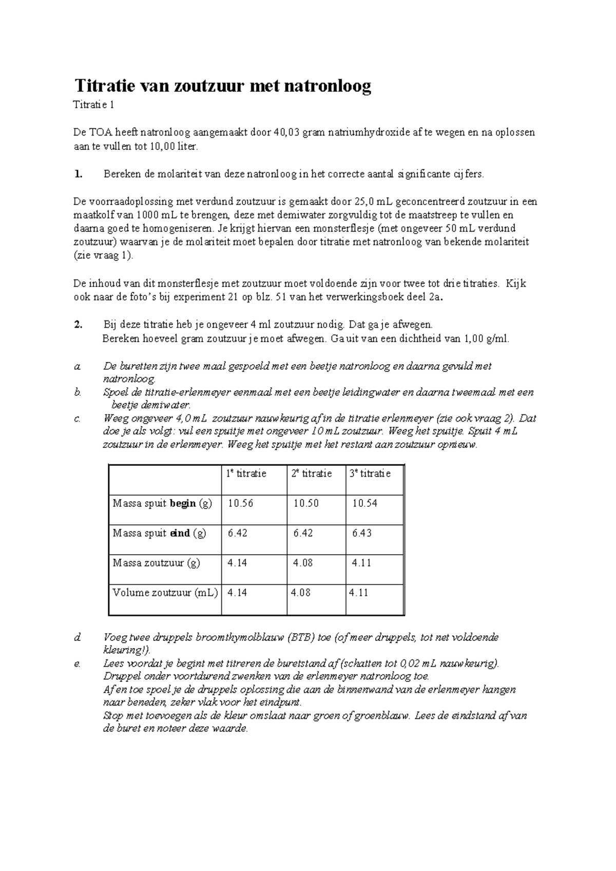 Titratie Oefeningen met Zoutzuur en Natronloog - Chemie Praktijk ...