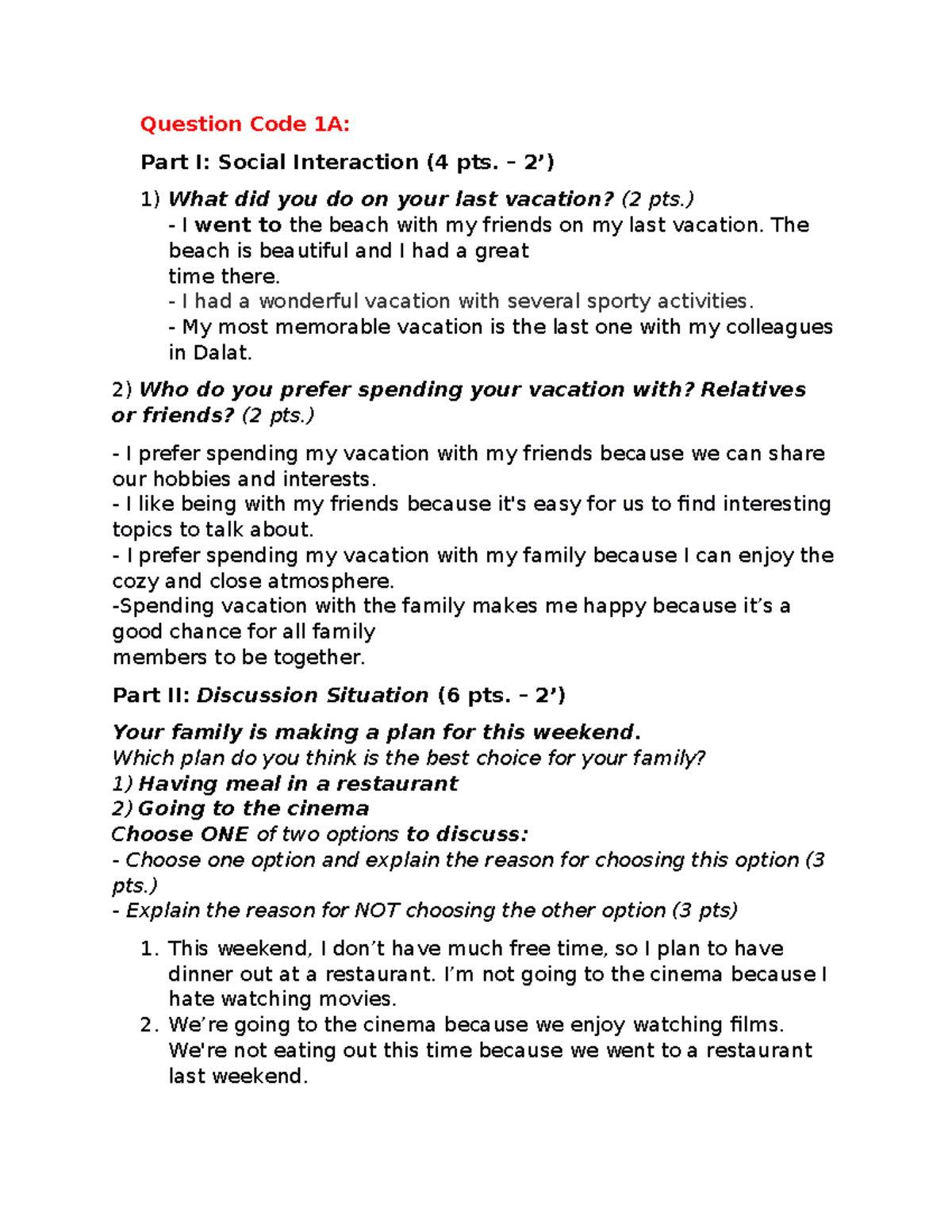 Question Code 1A & 1B: Social Interaction & Discussion Situations - Studocu