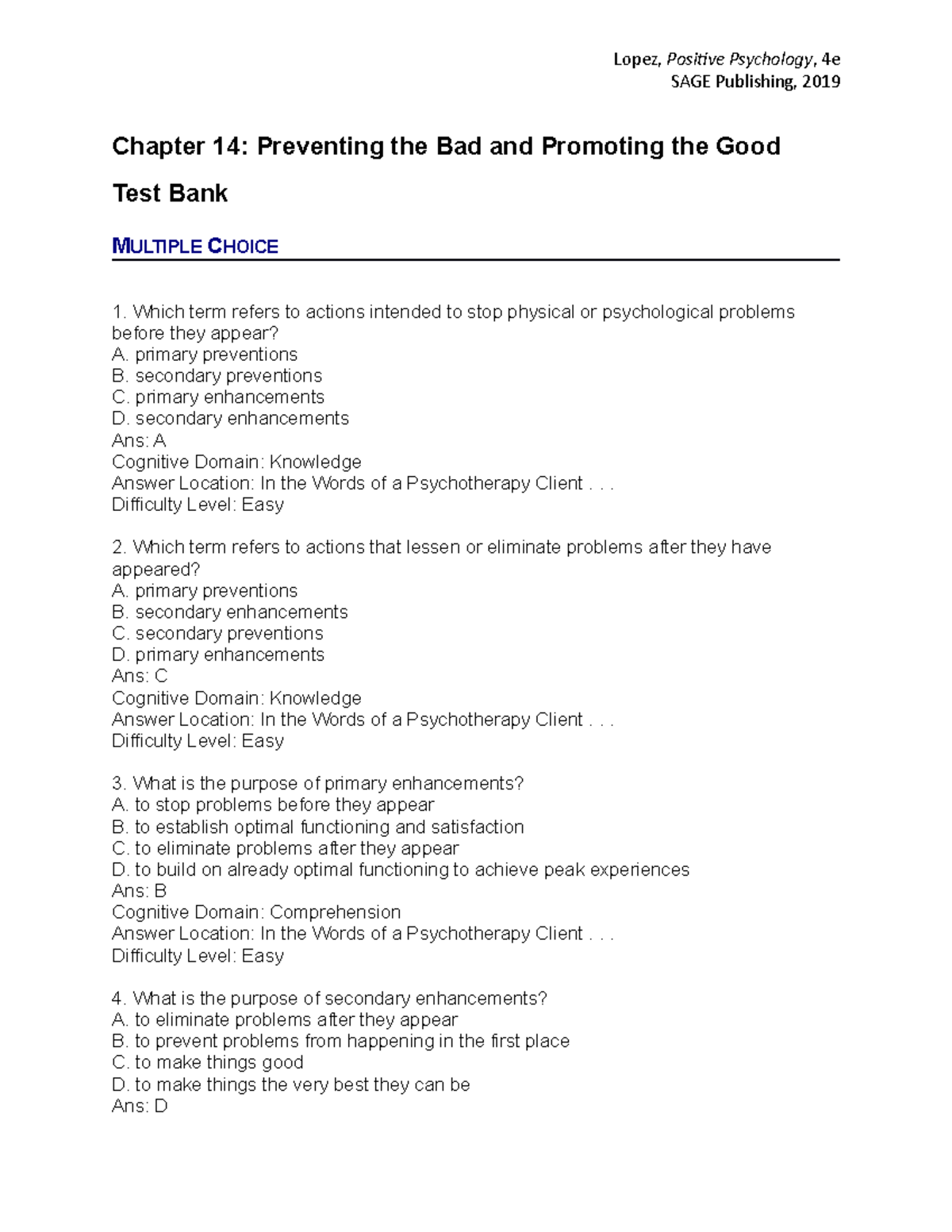 Chapter 14 Practice Q Sage Publishing 2019 Chapter 14 Preventing