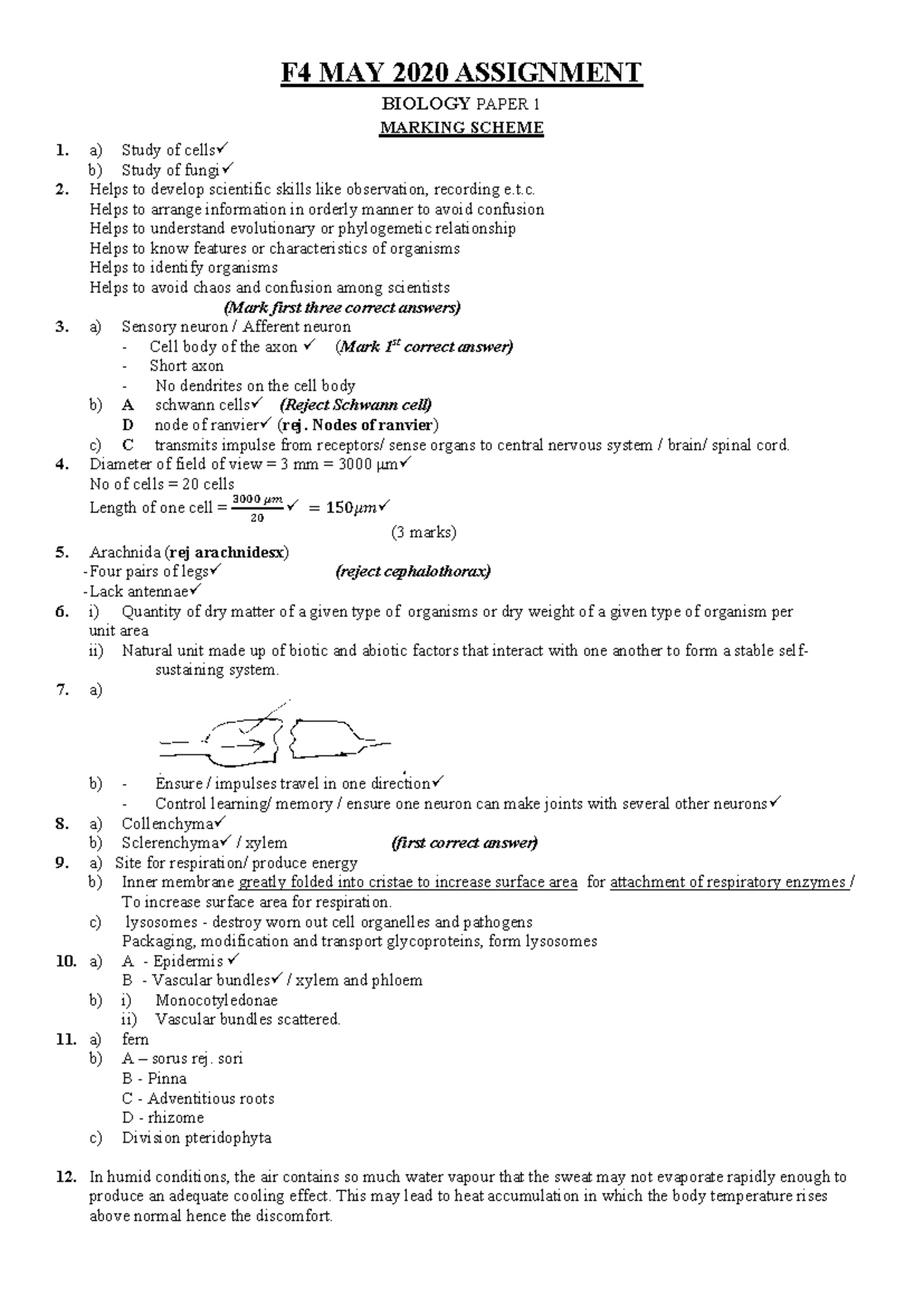 F4 MAY 2020 BIOLOGY PAPER 1 ASSIGNMENT MARKING SCHEME - Studocu