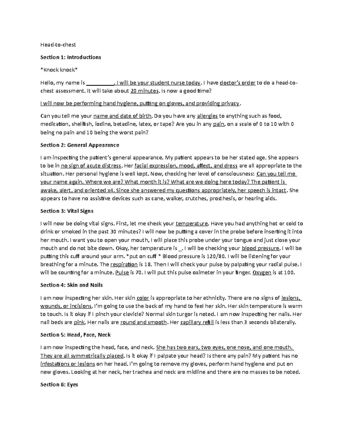 NURS 101: Head-to-Chest Assessment Script for Student Nursing - Studocu