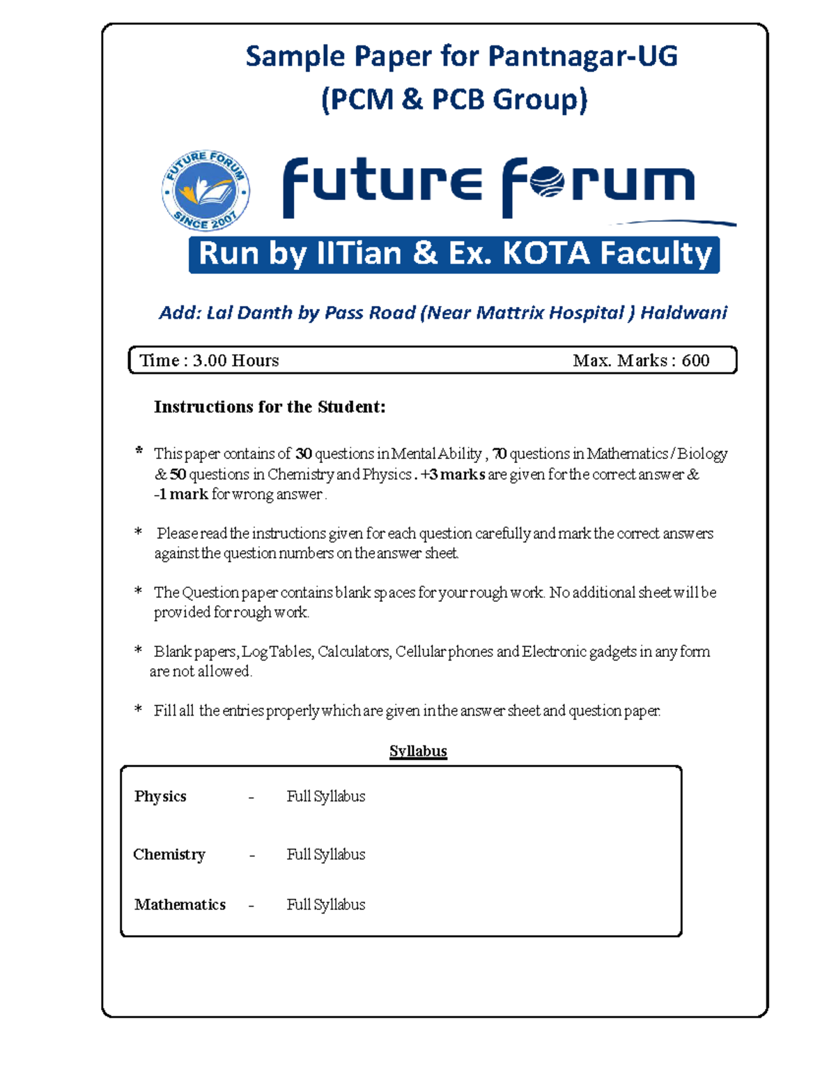 Pantnagar UG Sample Paper 2024 for PCM PCB Group - IITian Exam - Studocu