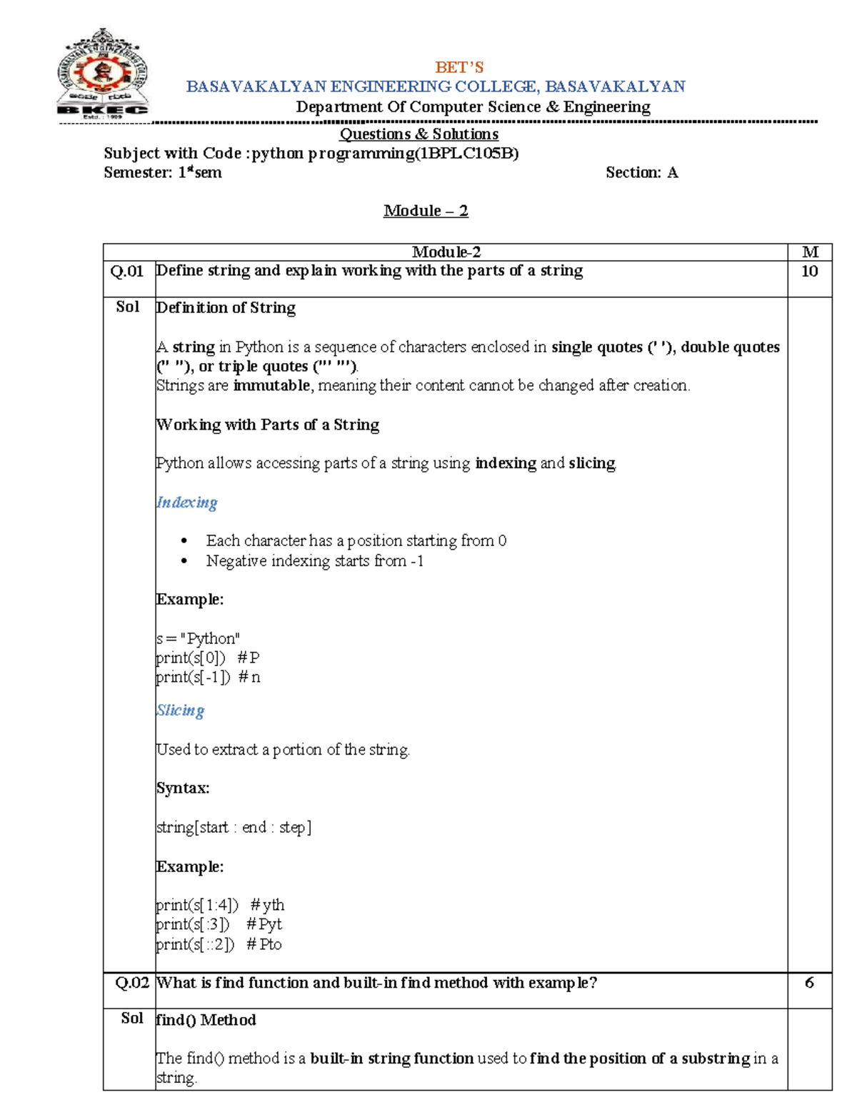 BASAVAKALYAN ENG COLLEGE: CSE Python Programming (1BPLC105B) Module 2 ...